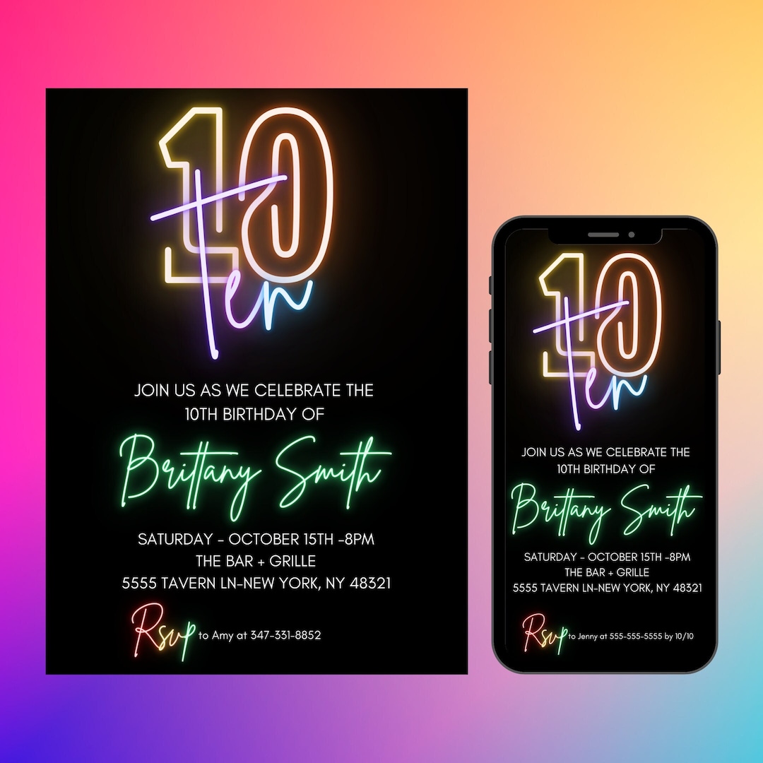 Neon Light Birthday Invitation, Editable Template, 10th Bday Invite ...