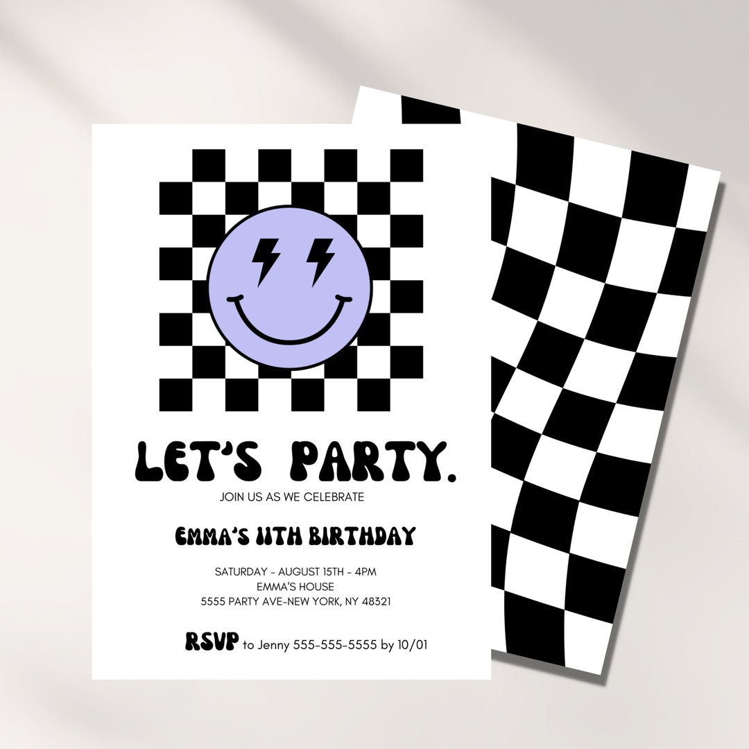 Birthday Invitation Girl, Smiley Face, Checkered Invite, Digital ...