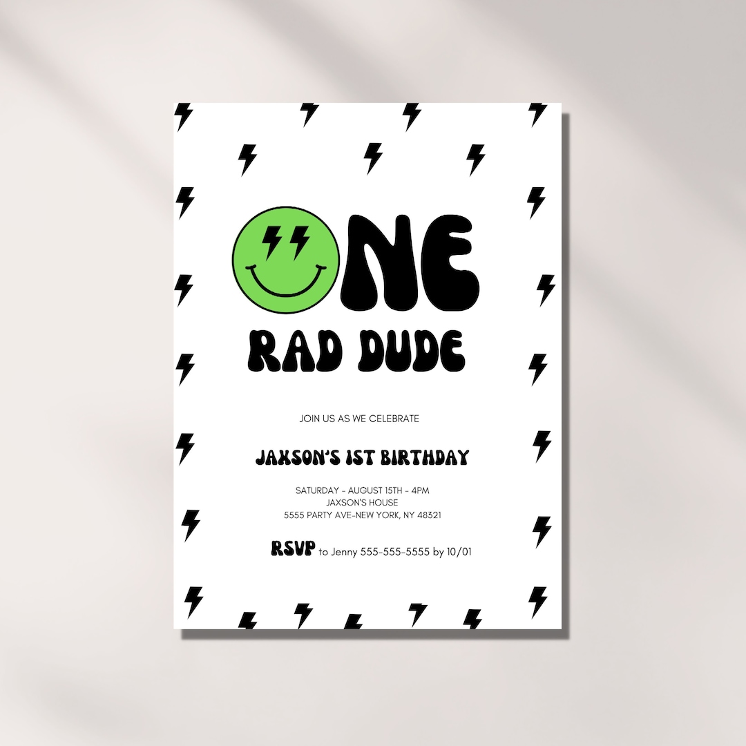 One Rad Dude Invitation Boy, 1st Birthday, Smile Face, Editable ...