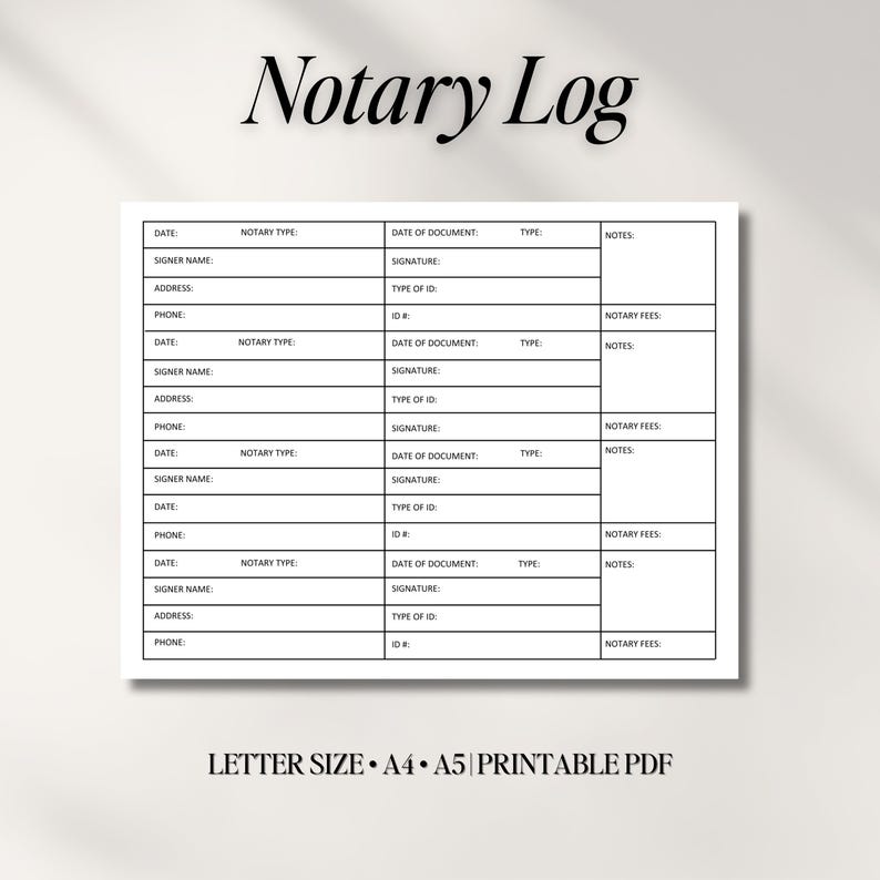 Notary Log Printable | Notary Journal PDF | Notary Record Book | Digital Download | Notary ...