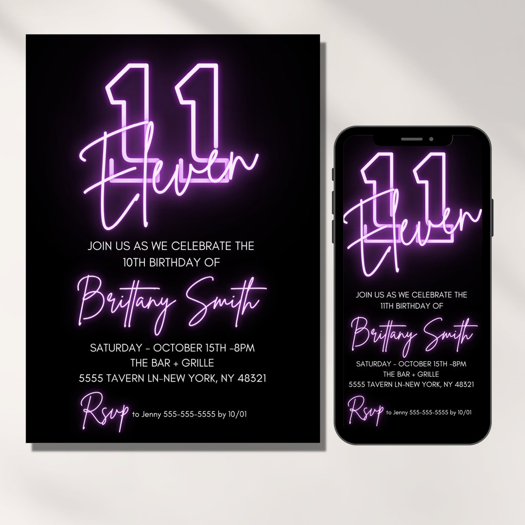 11th Birthday Invitation for Girl, Purple, Editable Template, 11th Bday ...