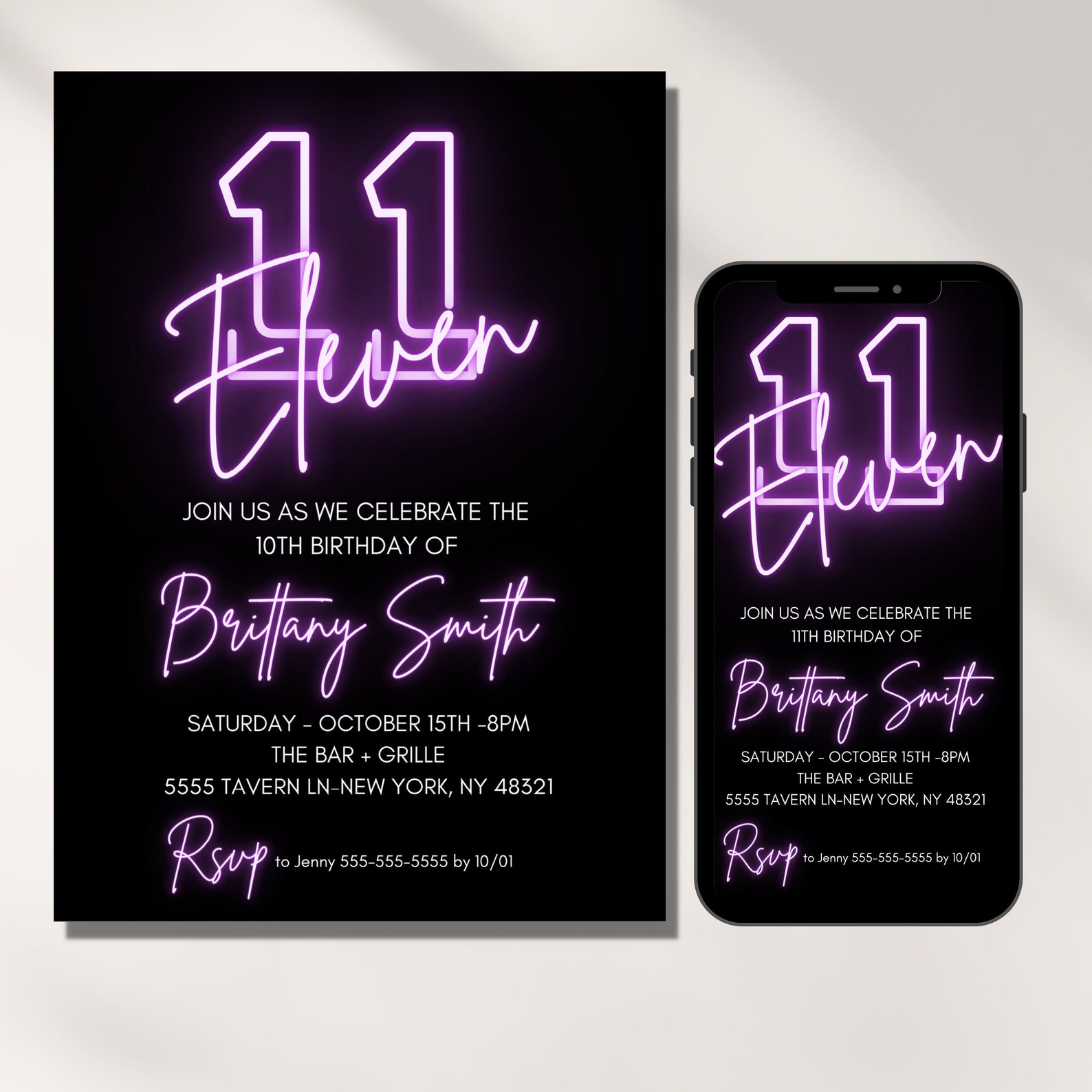 11th Birthday Invitation for Girl, Purple, Editable Template, 11th Bday ...