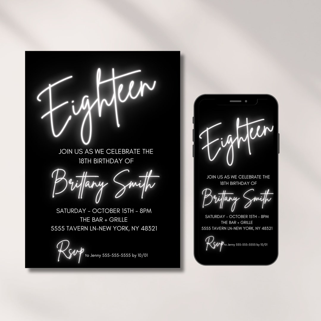 18th Birthday Invitation Digital, Editable Template, 18 Bday, Neon ...