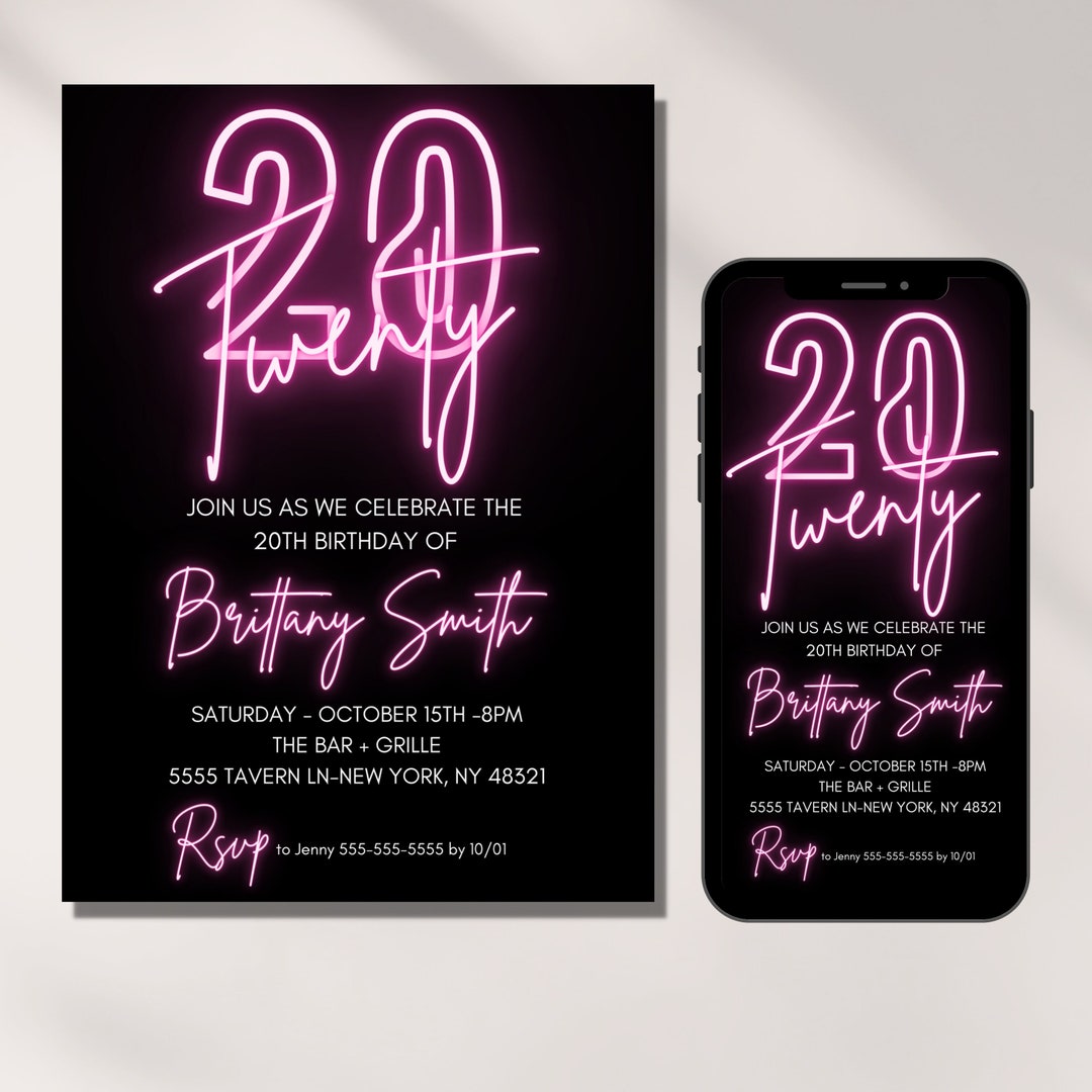 20th Birthday Invitation, Twenty Birthday, Pink Neon Birthday ...