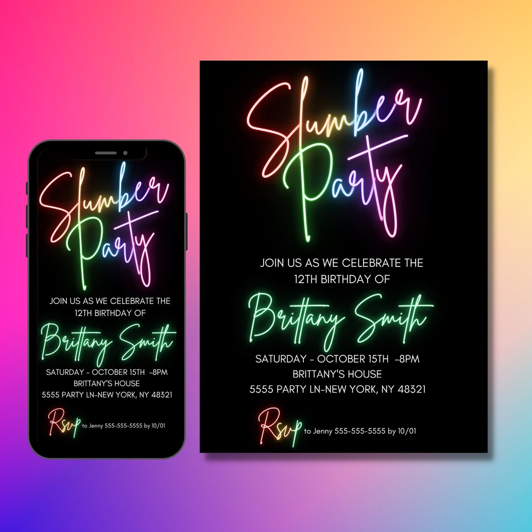 Neon Light Birthday Invitation, Slumber Party Invite, Glow Party,teen ...