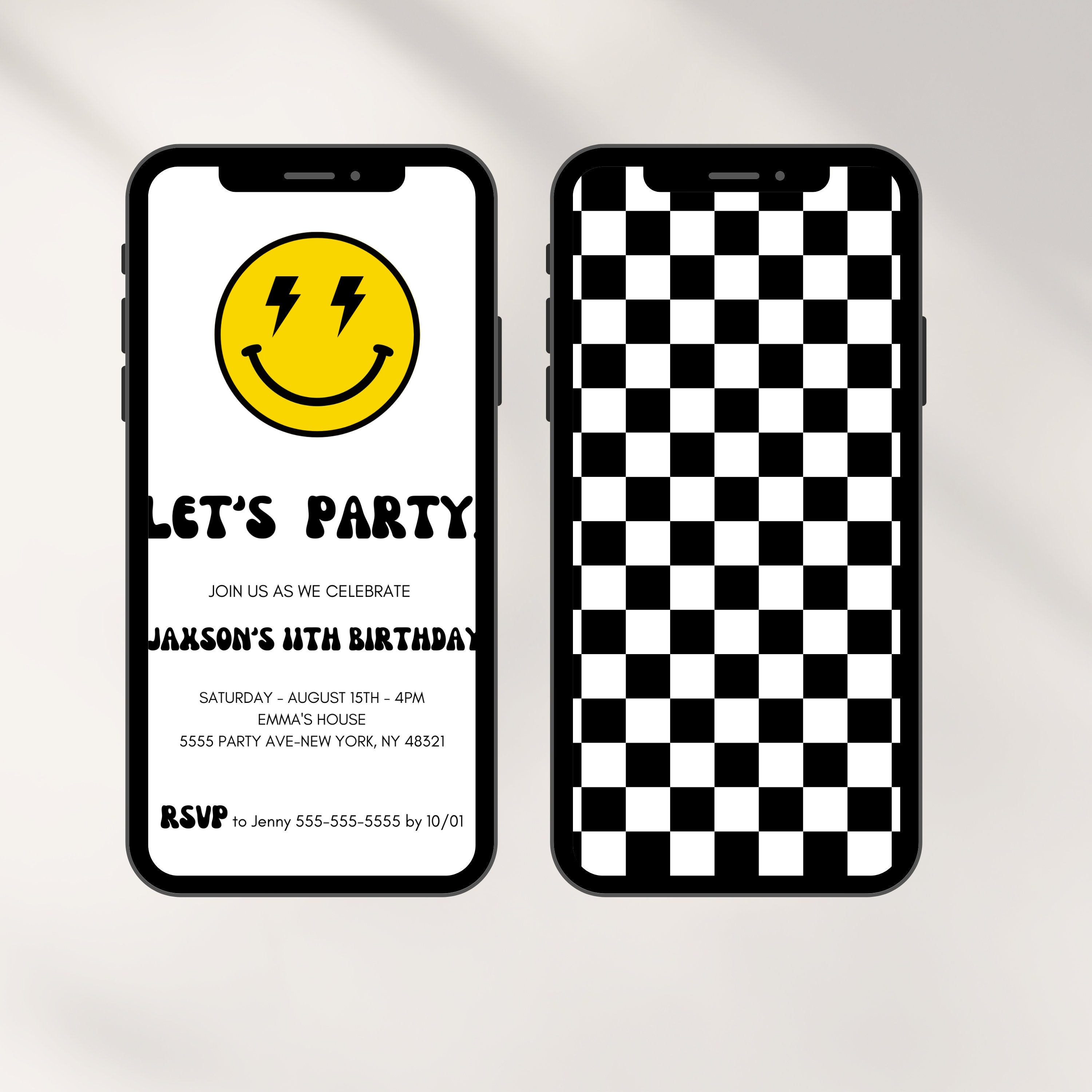 Birthday Invitation Boy, Smiley Face, Checkered Invite, Digital ...