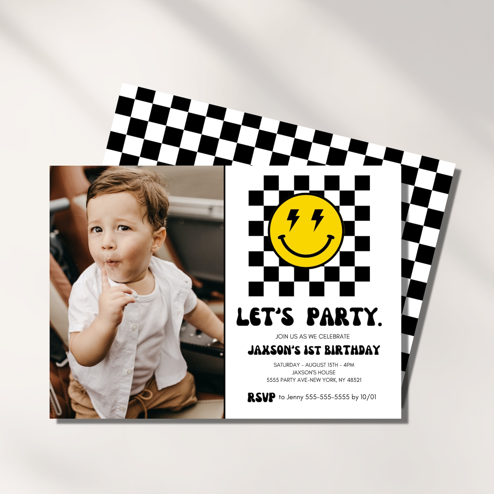 Smiley Face Invite , Birthday Invitation Boy, Checkered Invite, Digital ...