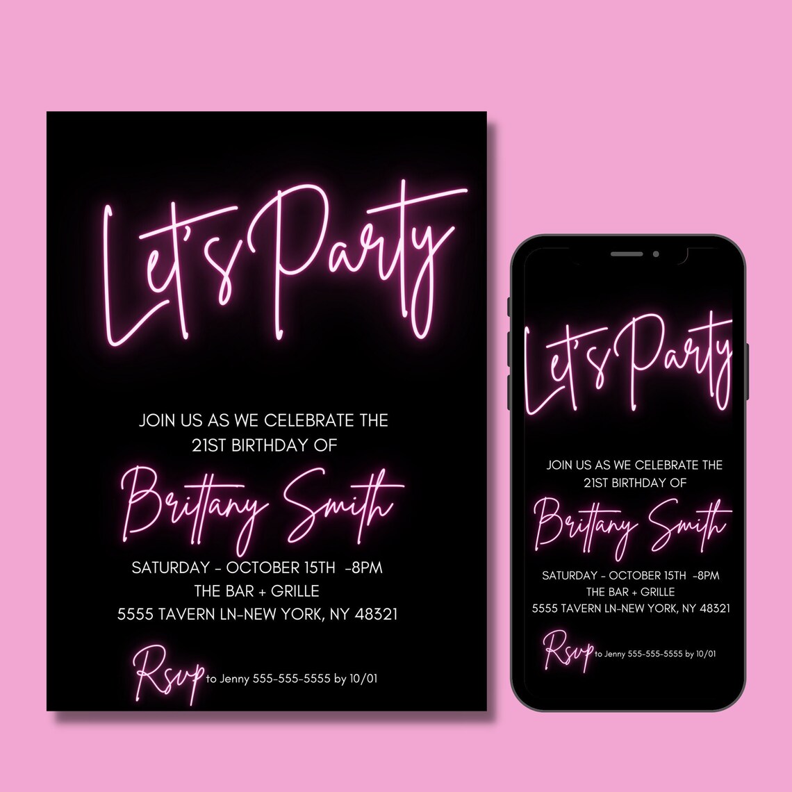 Neon Light Birthday Invitation, Editable Template, Adult Bday Invite ...