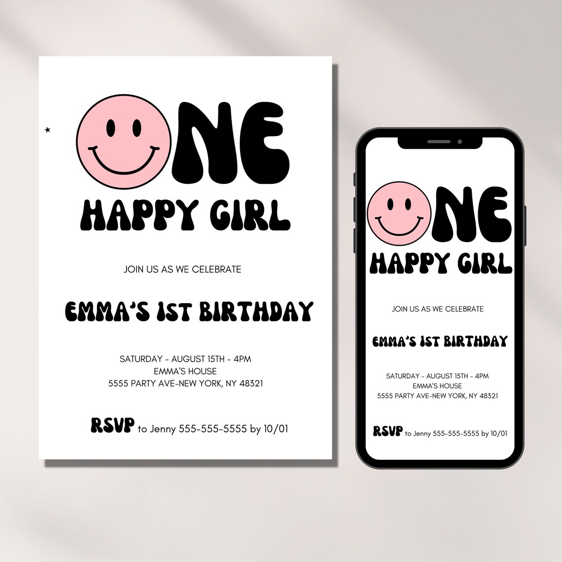 Smiley Face Invitation, One Happy Girl Invitation, Pink Smiley Face ...