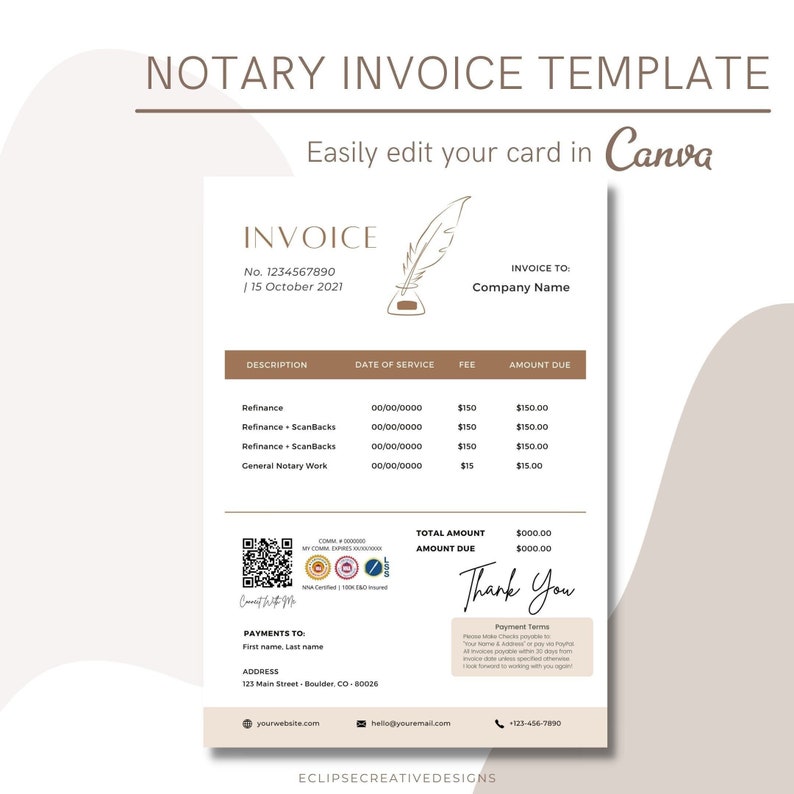 Notary Invoice Template Invoice For Notary Public Loan Etsy Singapore