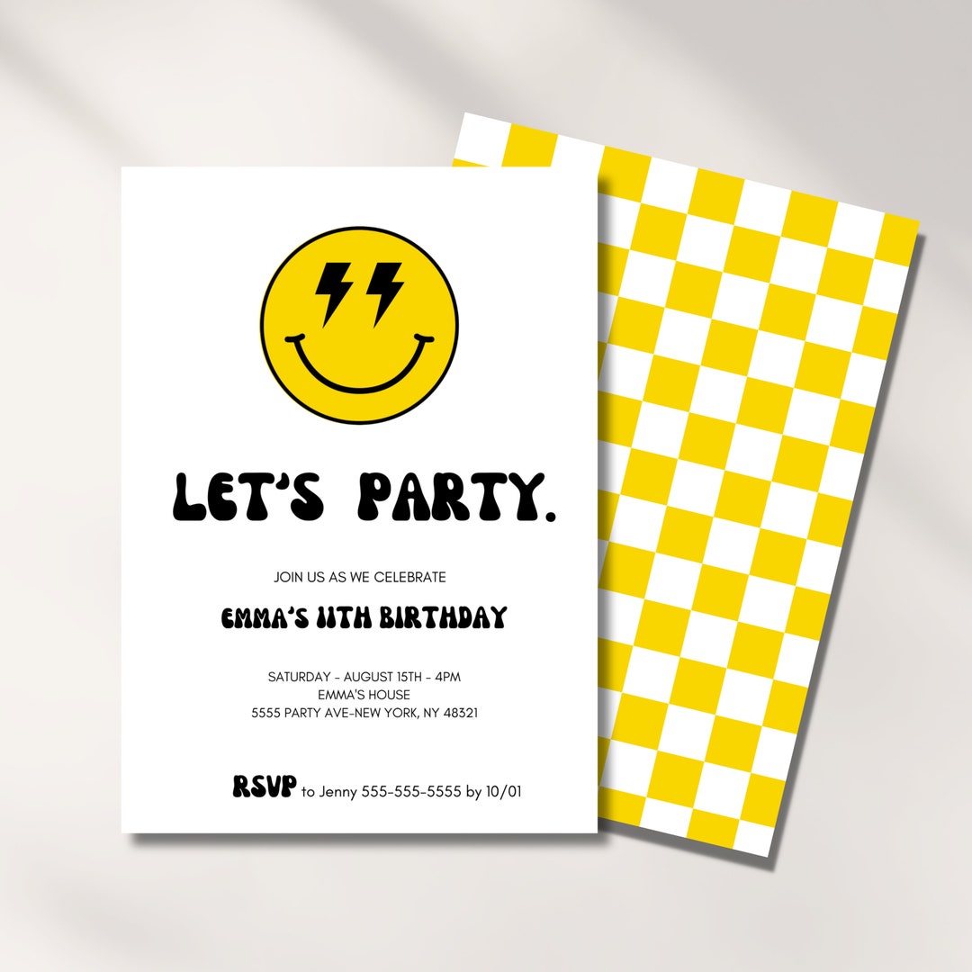 Birthday Invitation Boy, Smiley Face, Checkered Invite, Digital ...