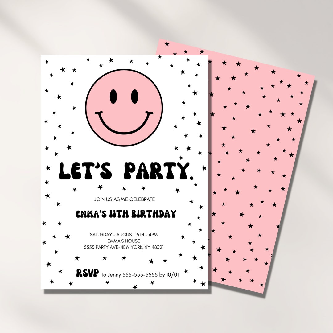 Pink Birthday Invitation Girl, Smiley Face, Digital Download, Kids Bday ...