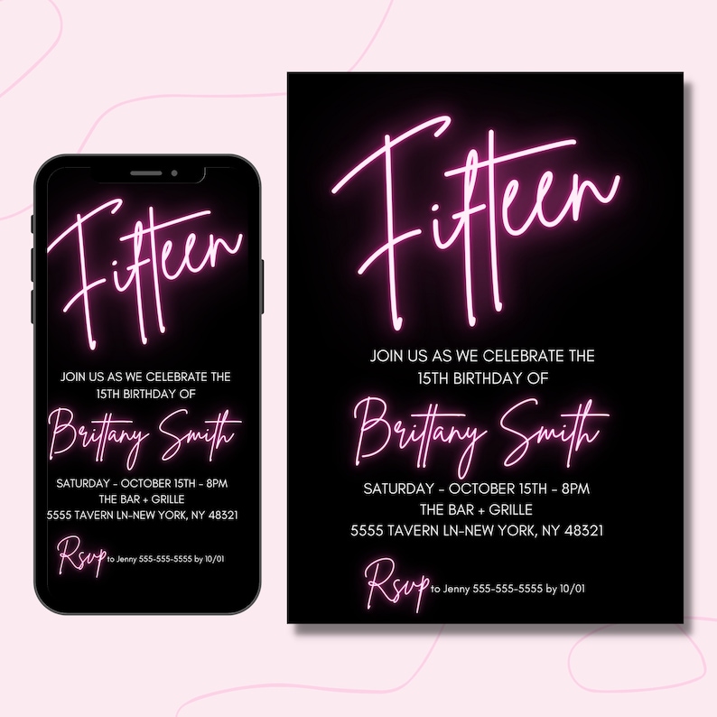 15th Birthday Invitation for Girl, Template, Teen Bday, Neon Light, Hot ...