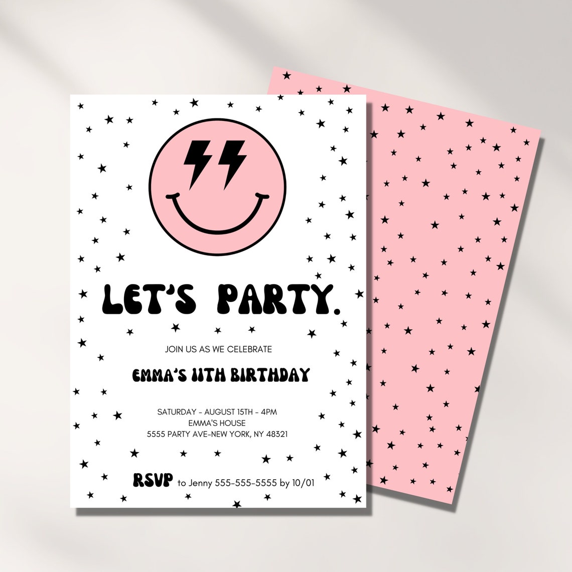 Pink Birthday Invitation Girl, Smiley Face, Digital Download, Kids Bday ...