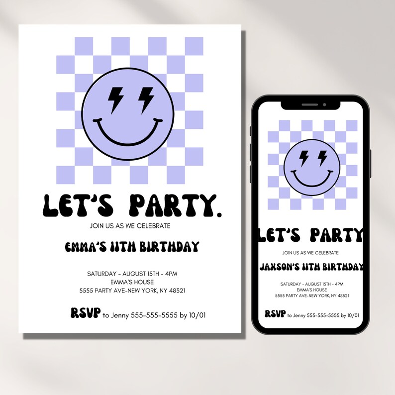 Birthday Invitation Girl Smiley Face Checkered Invite - Etsy