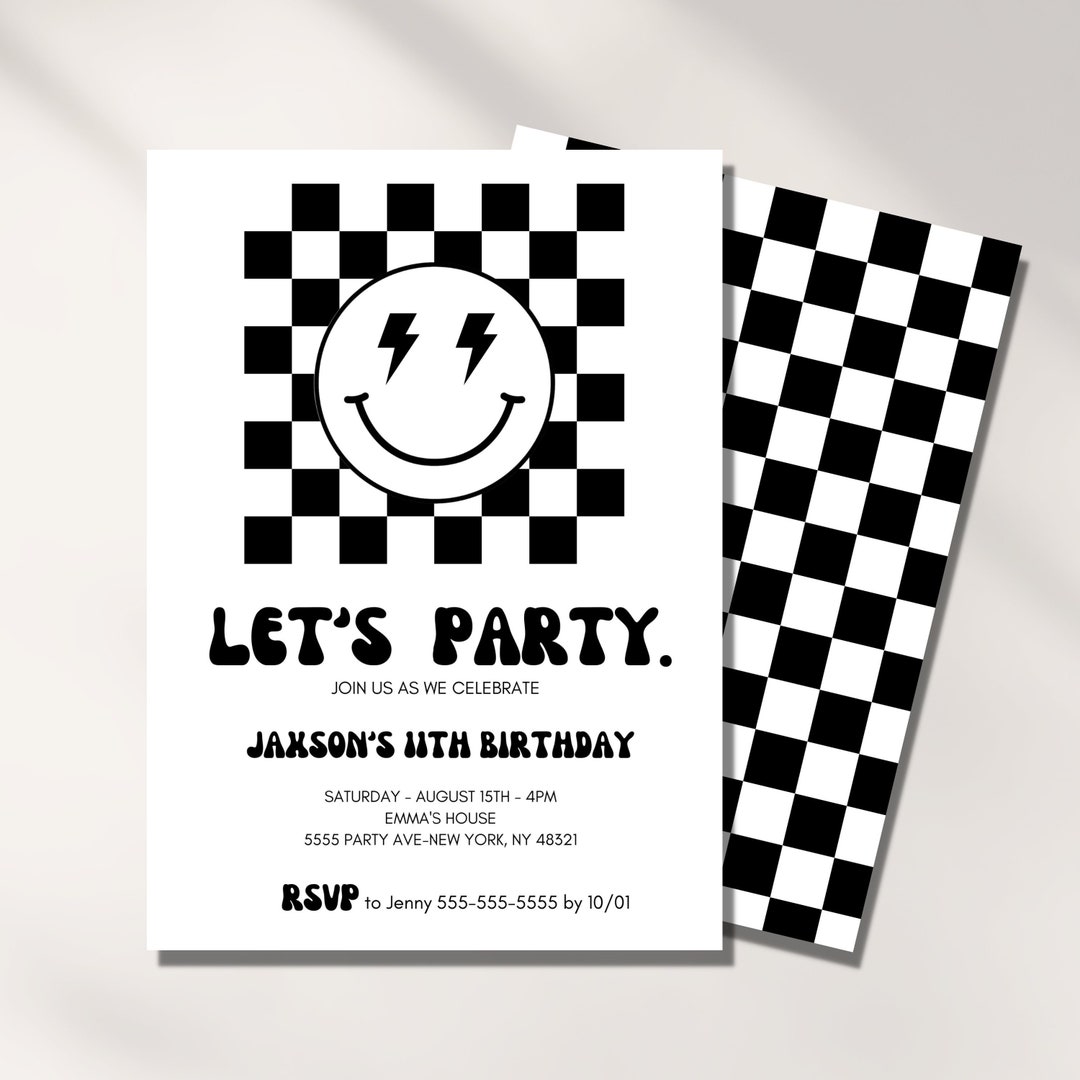 Birthday Invitation Boy, Smiley Face, Checkered Invite, Digital ...