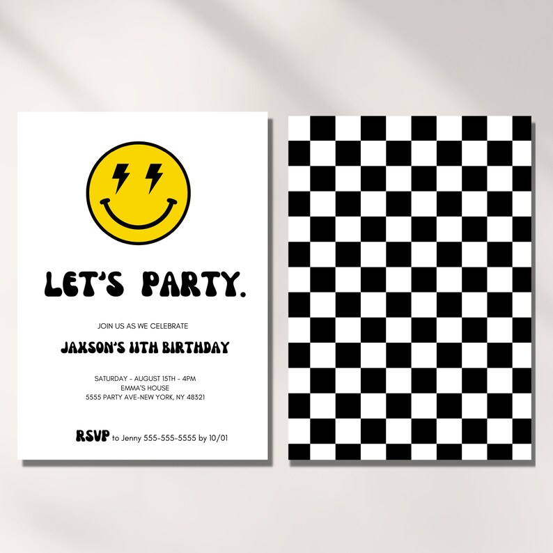 Birthday Invitation Boy, Smiley Face, Checkered Invite, Digital ...
