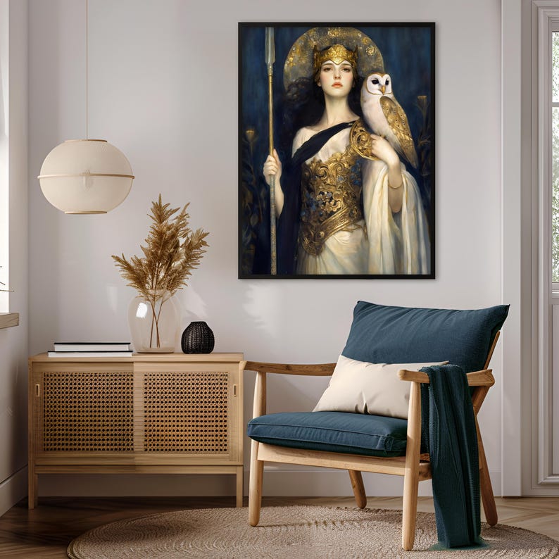 Pallas Athena Print, Greek Mythology, Warrior Goddess in Gold Armour ...