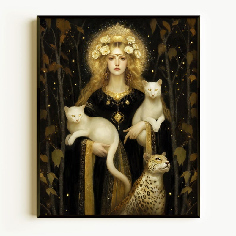 Goddess Freya Printable With Cats & Leopard in Dark Forest ...