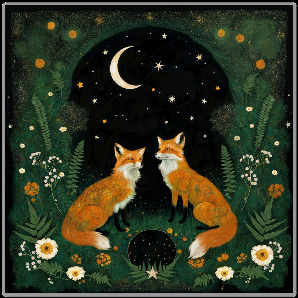 Foxes Print With Moon & Stars, Whimsigoth Dark Forest, Witchy Home ...