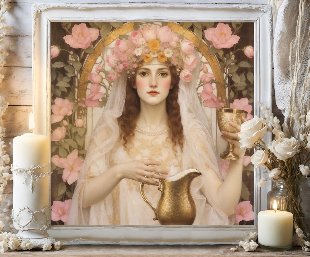 Hebe Print, Greek Goddess of Brides Wall Art, Pink Floral Coquette Room Decor, Wedding Gift for ...