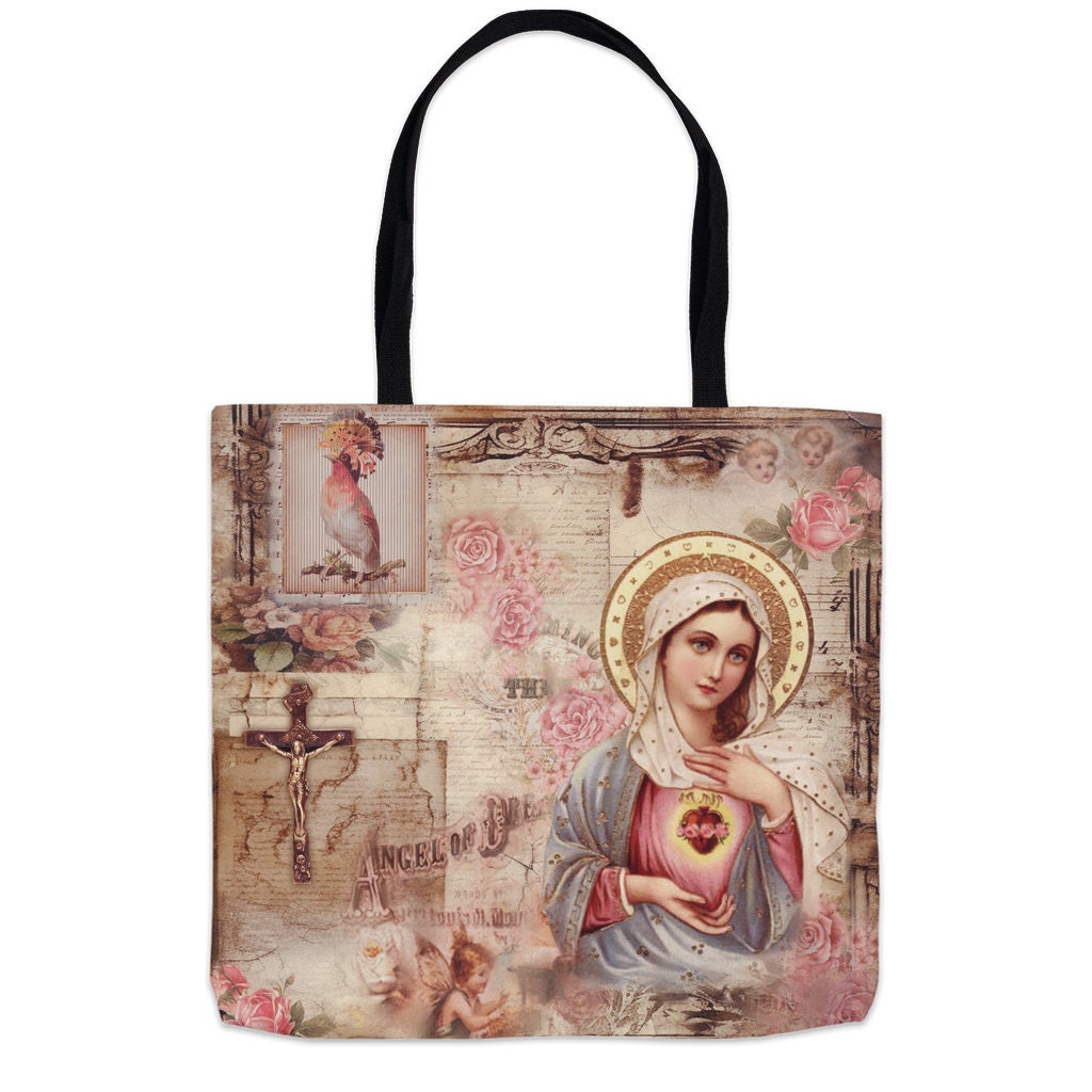 Christian Tote Bag Virgin Mary Gift Shabby Chic Vintage Pink Floral Bag ...