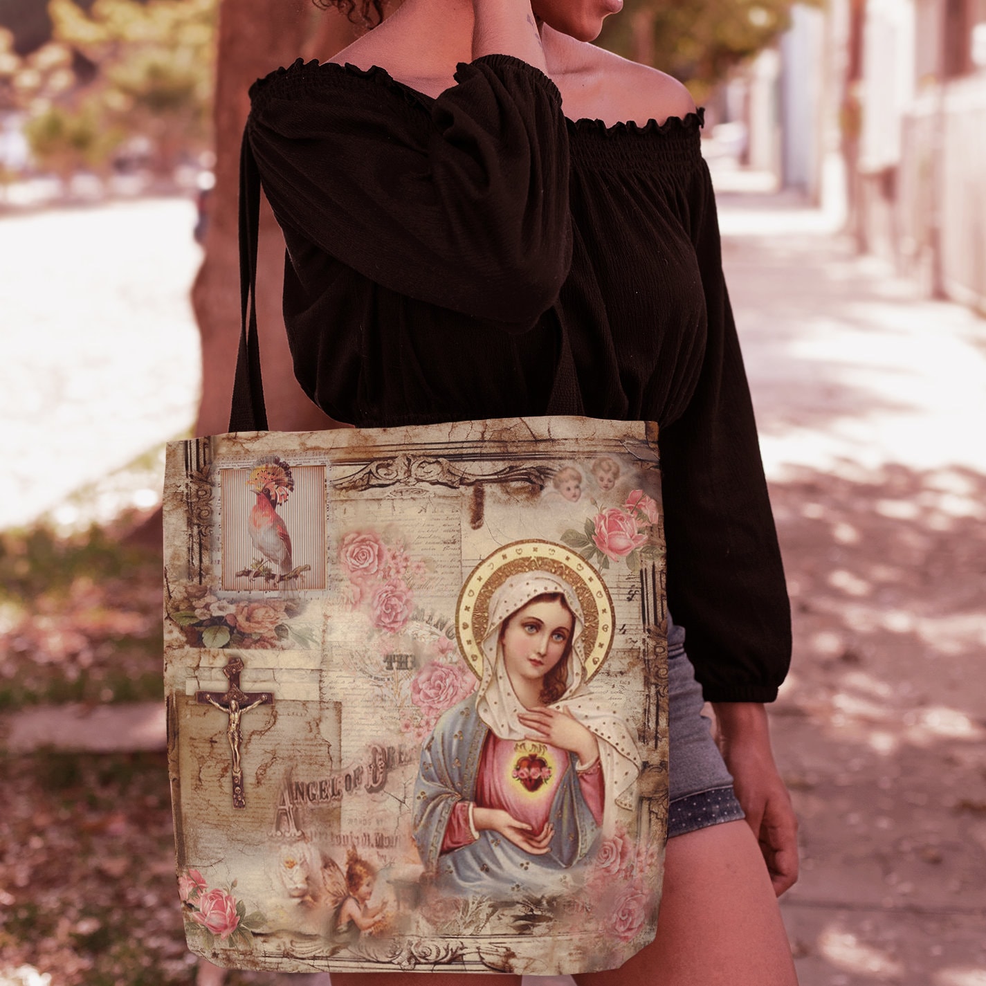 Christian Tote Bag Virgin Mary Gift Shabby Chic Vintage Pink Floral Bag ...
