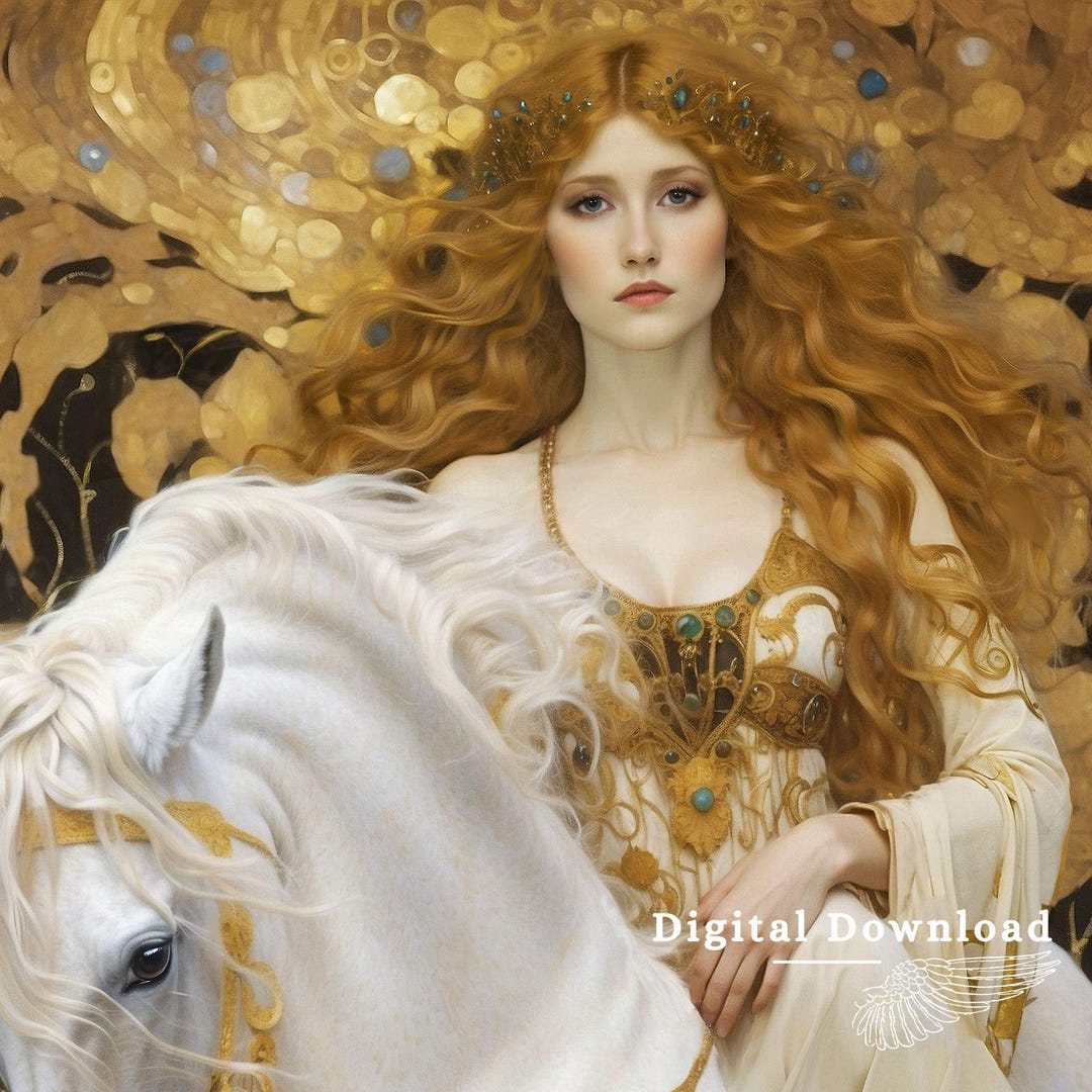 Rhiannon Art Nouveau Print: Welsh Goddess, White Horse (digital ...