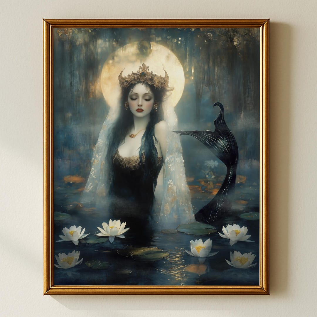 Gothic Mermaid Print in Water Lily Pond, Dark Academia, Mystical Witchy ...