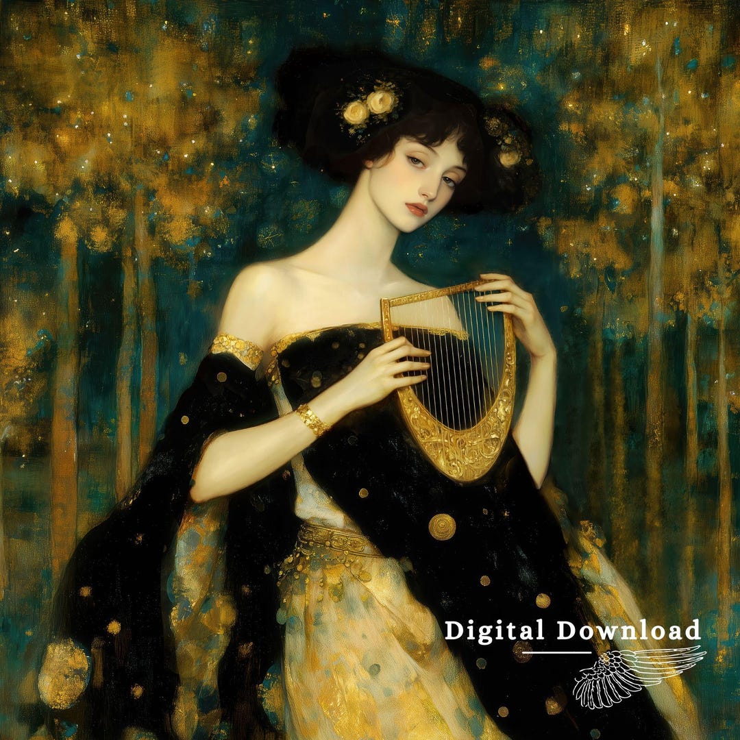 Terpsichore Art Nouveau Printable With Harp in Emerald Forest: Muse of ...