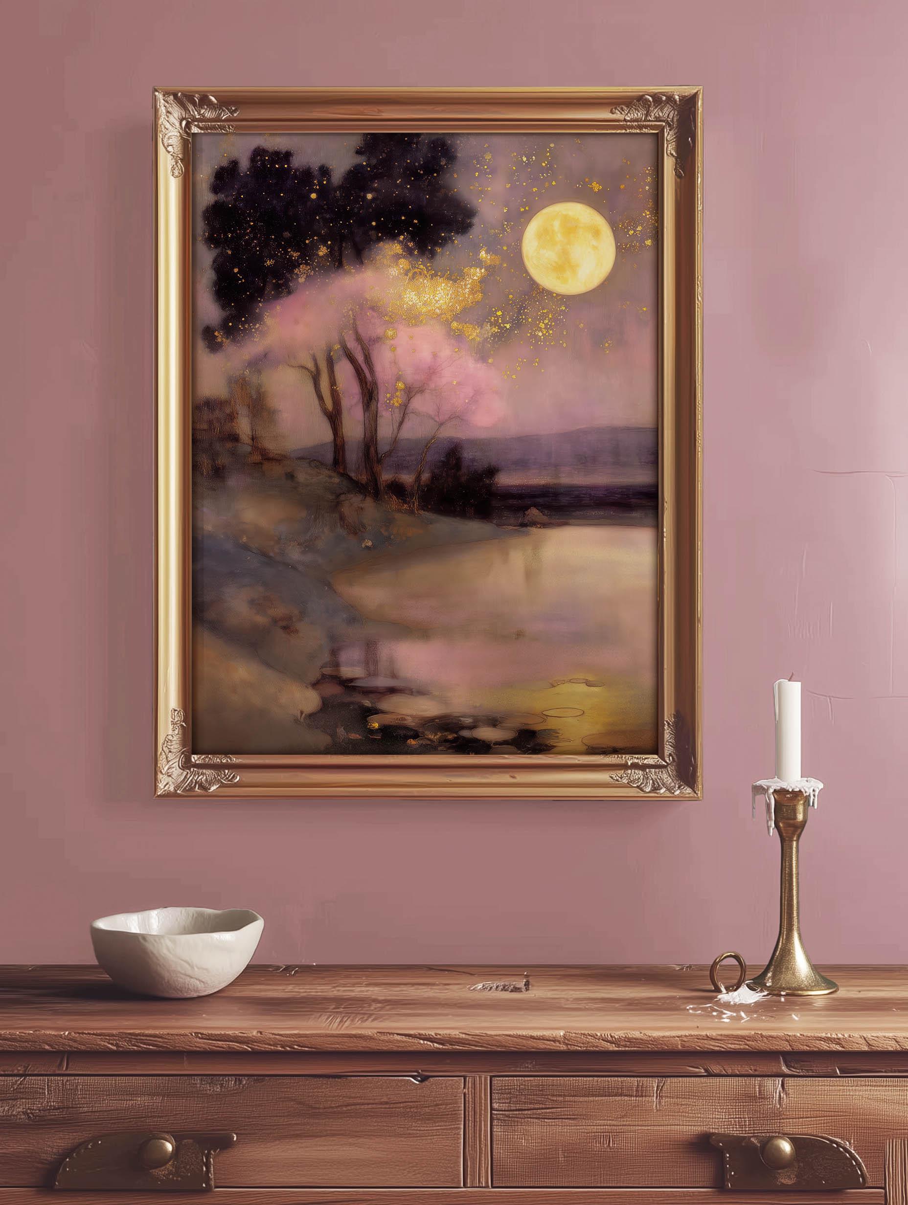Pink Moon Landscape Art Print – Sparkly Gold Night Sky, Dreamy Pastel ...