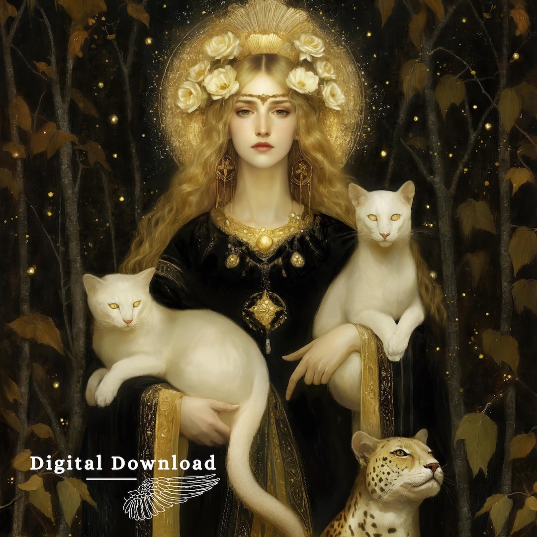 Goddess Freya Printable With Cats & Leopard in Dark Forest ...