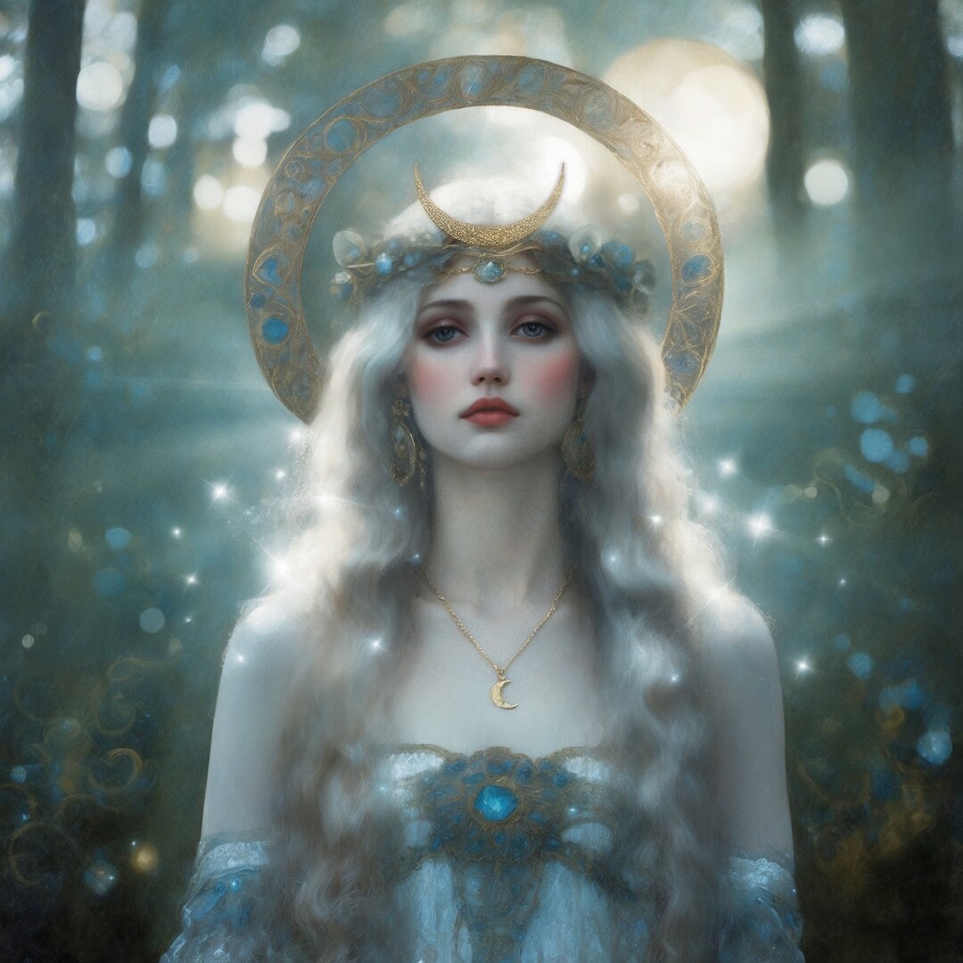 Selene Print, Moon Goddess Luna, Fantasy Mystic Forest, Gothic Stars ...