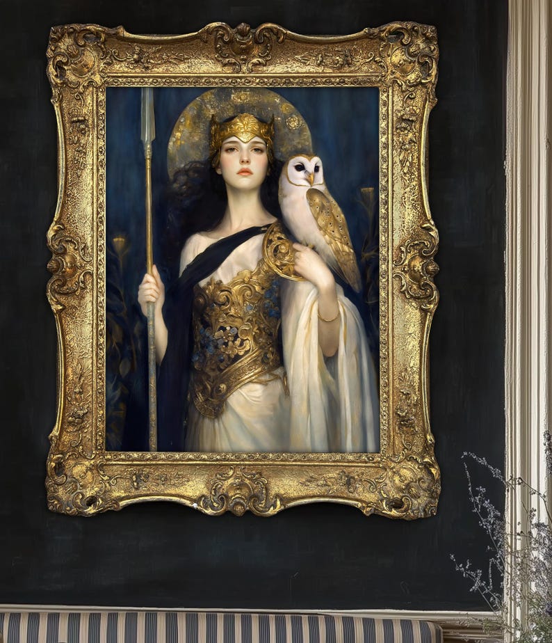 Pallas Athena Print, Greek Mythology, Warrior Goddess in Gold Armour ...