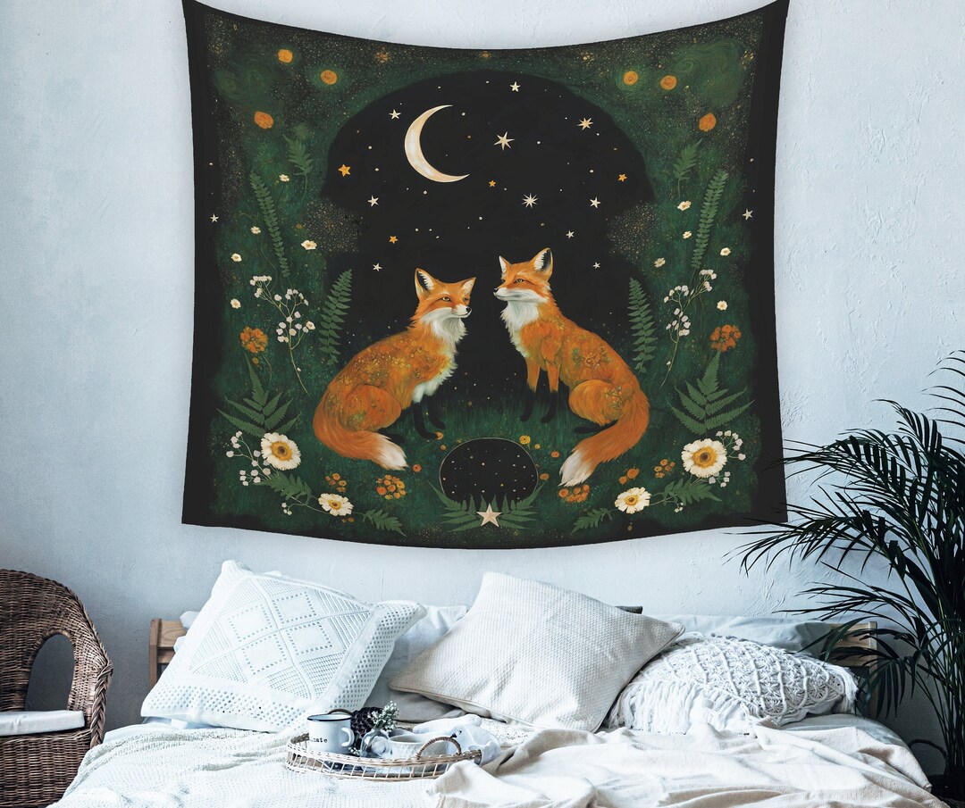 Moon & Stars Foxes Tapestry in Whimsigoth Dark Forest. Witchy Home ...