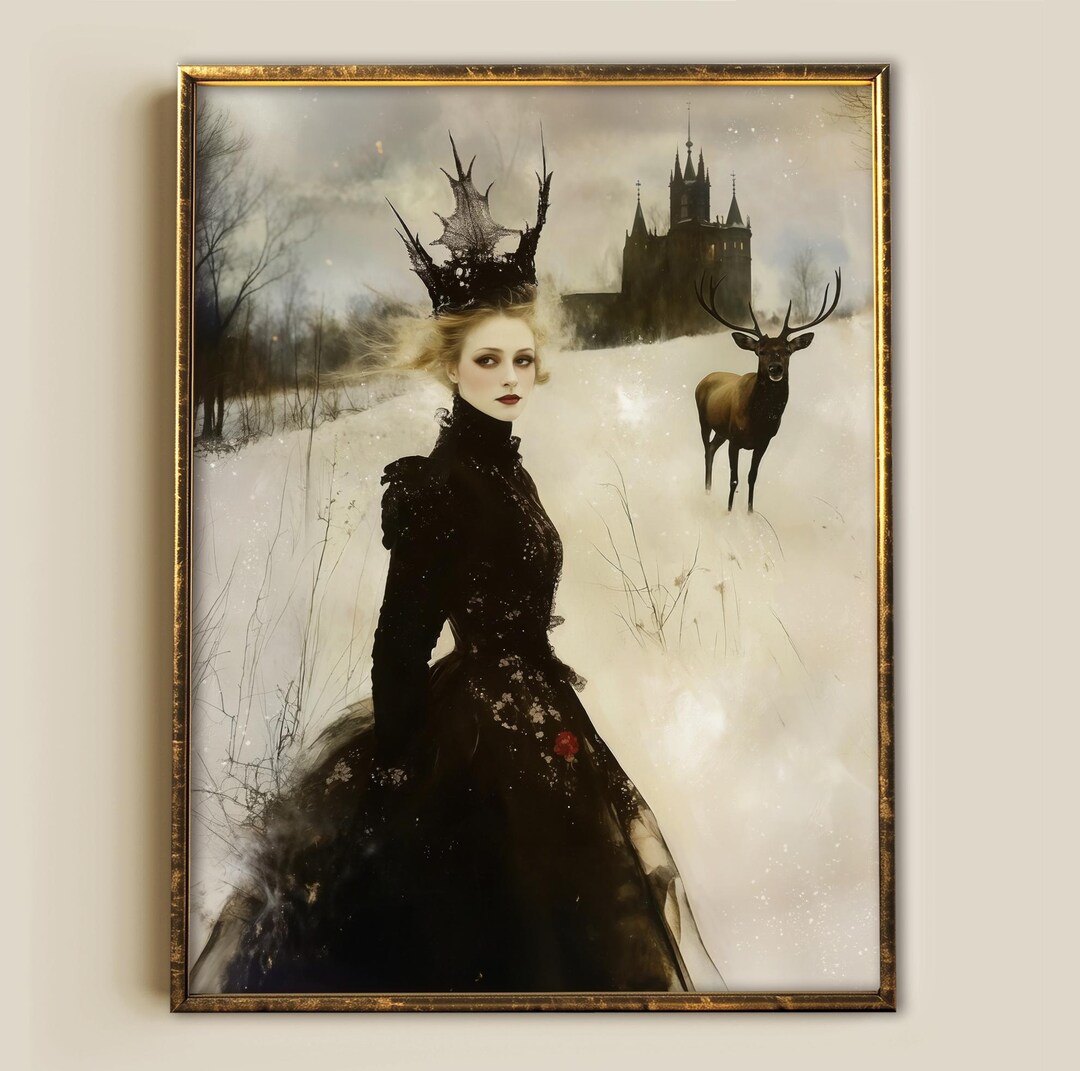 Winter Witch Print With Stag, Moody Snowy Dark Academia Painting ...