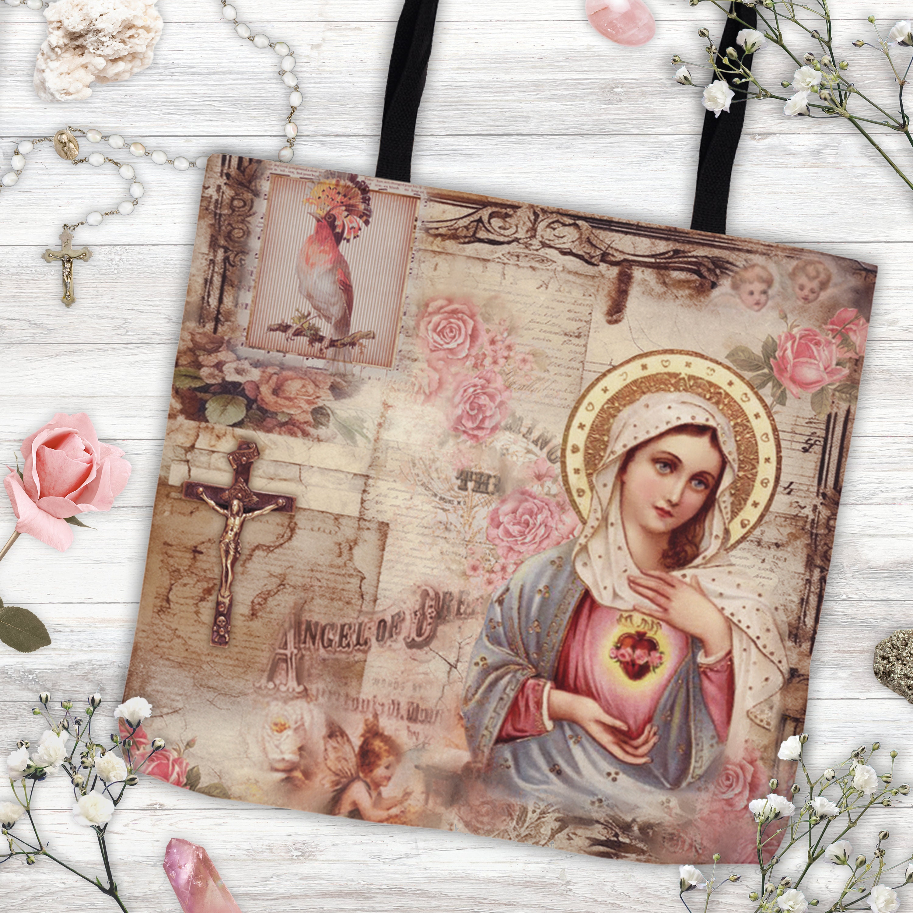 Christian Tote Bag Virgin Mary Gift Shabby Chic Vintage Pink Floral Bag ...