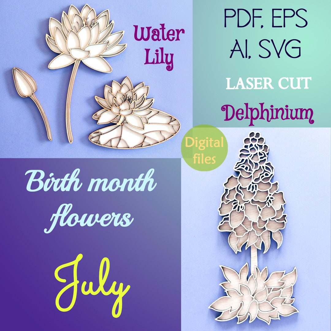 JULY Birth Month Flowers Water Lily Svg Delphinium Svg Branches Svg ...
