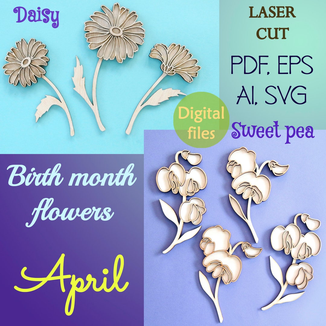 APRIL Birth Month Flowers Sweet Pea Svg Daisy Svg Wildflower Svg Laser ...