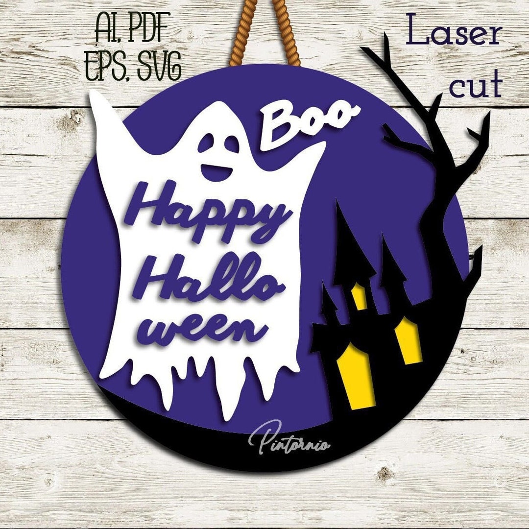 Ghost Svg Round Door Hanger Fall Svg Happy Halloween Laser Cut Autumn ...