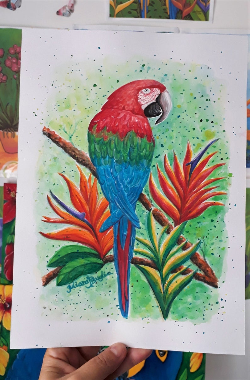 RED MACAW and TREE, Original Watercolour Painting on Paper - Etsy
