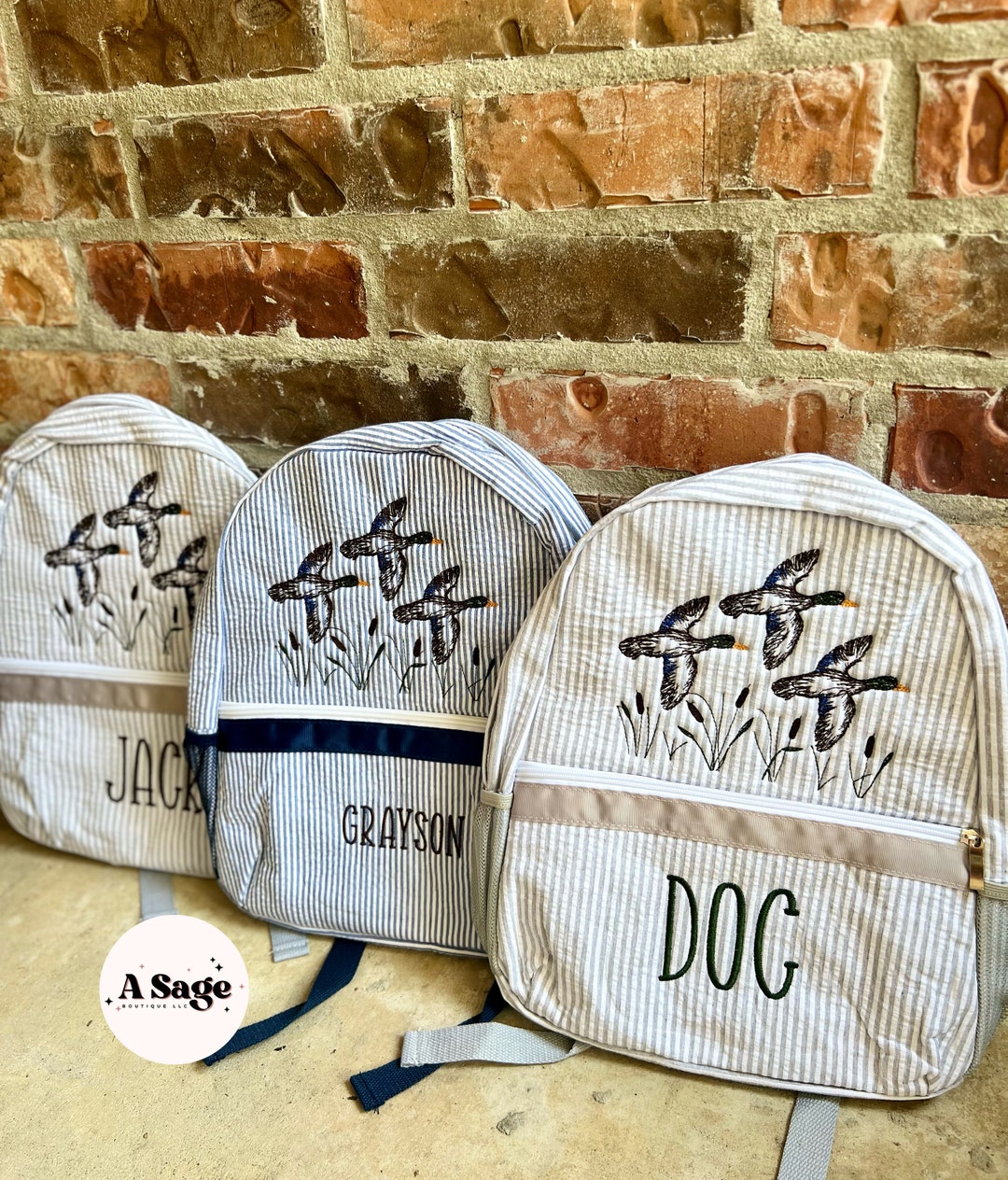 Embroidered Seersucker Backpack - Mallard Ducks Gingham - Kids Backpack ...