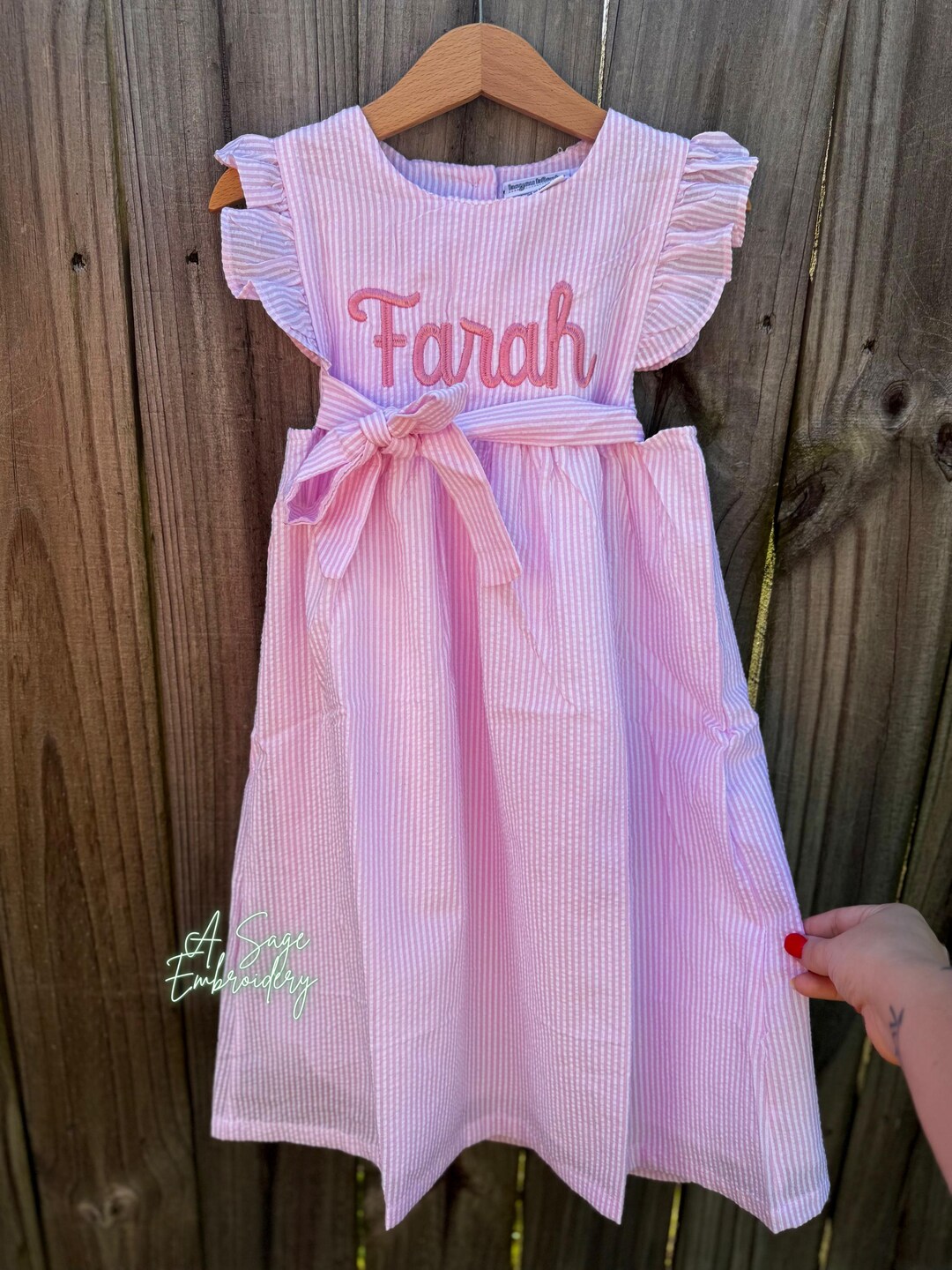 Seersucker Side Tie Dress With Custom Embroidery, Personalized Girls ...