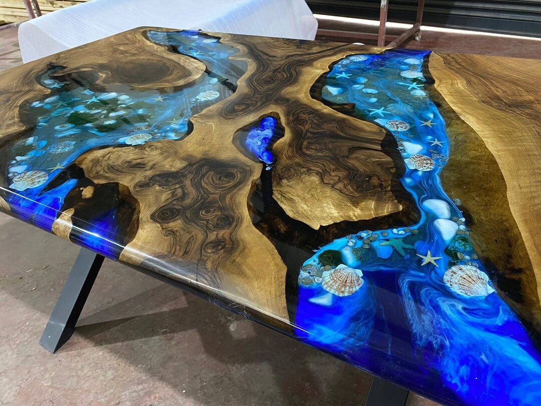 Epoxy Table Walnut Wood Ocean Blue Aquarium Live Edge Table Seashell ...