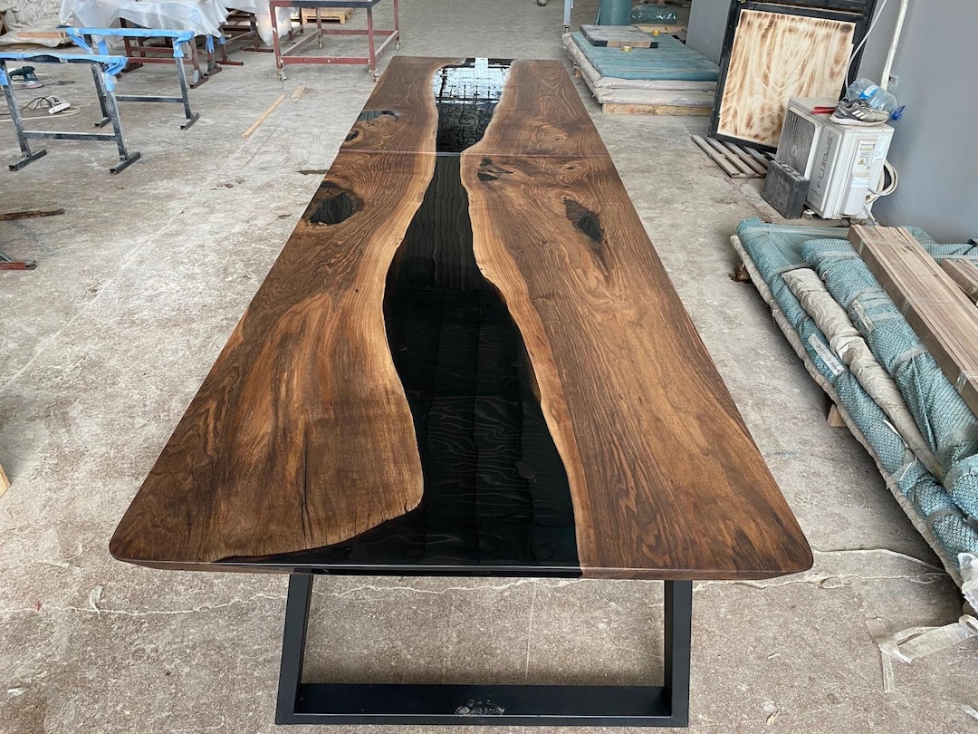 Dark Walnut Wood Black Epoxy Table / Large Dining Epoxy Table / Epoxy ...