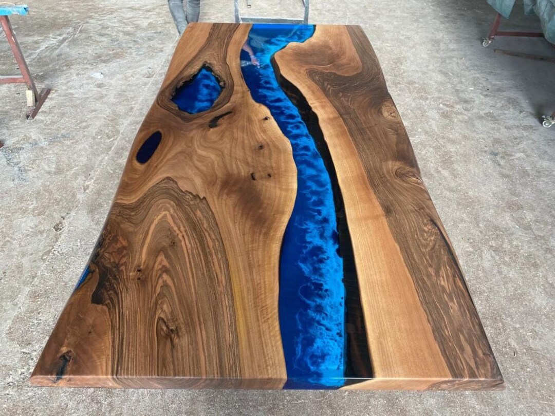 Live Edge Dining Table Blue Wavy Epoxy Table Natural Walnut Wood Epoxy ...