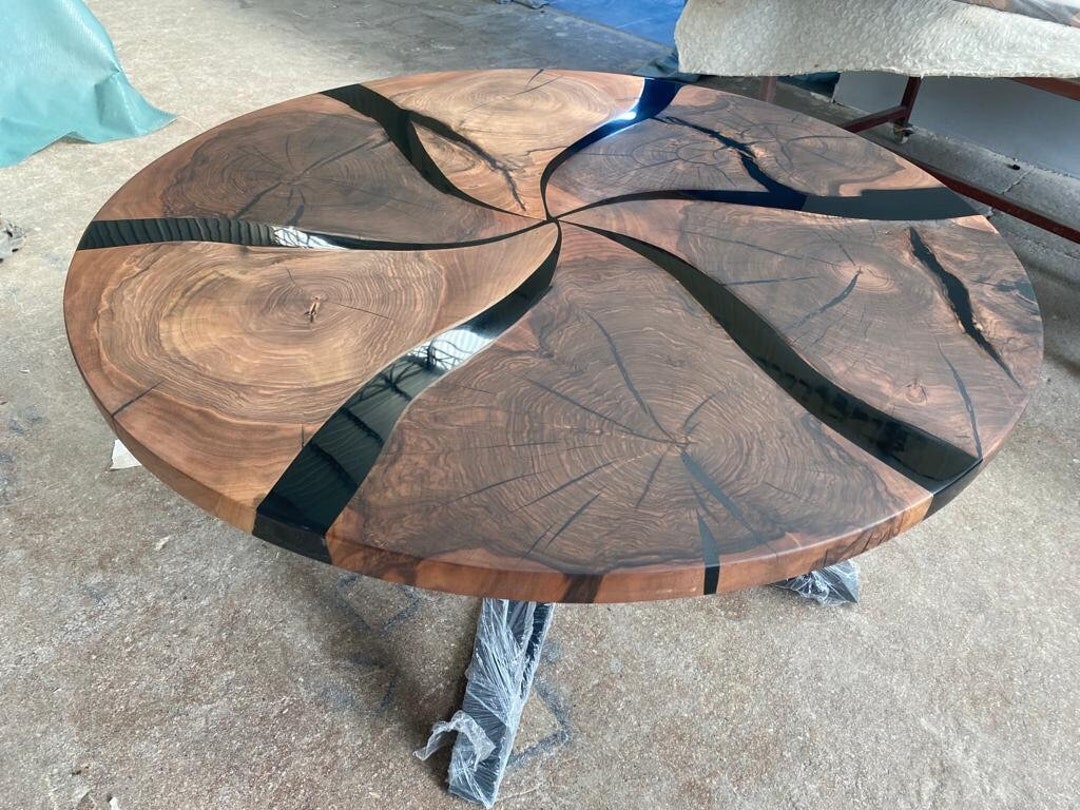 Custom Made Dark Walnut Wood Black Epoxy Round Dining Table - Dining ...