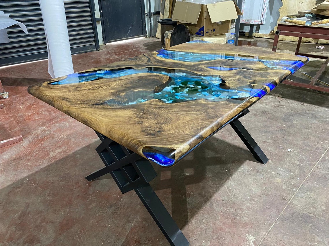 Epoxy Table Walnut Wood Ocean Blue Aquarium Live Edge Table - Etsy