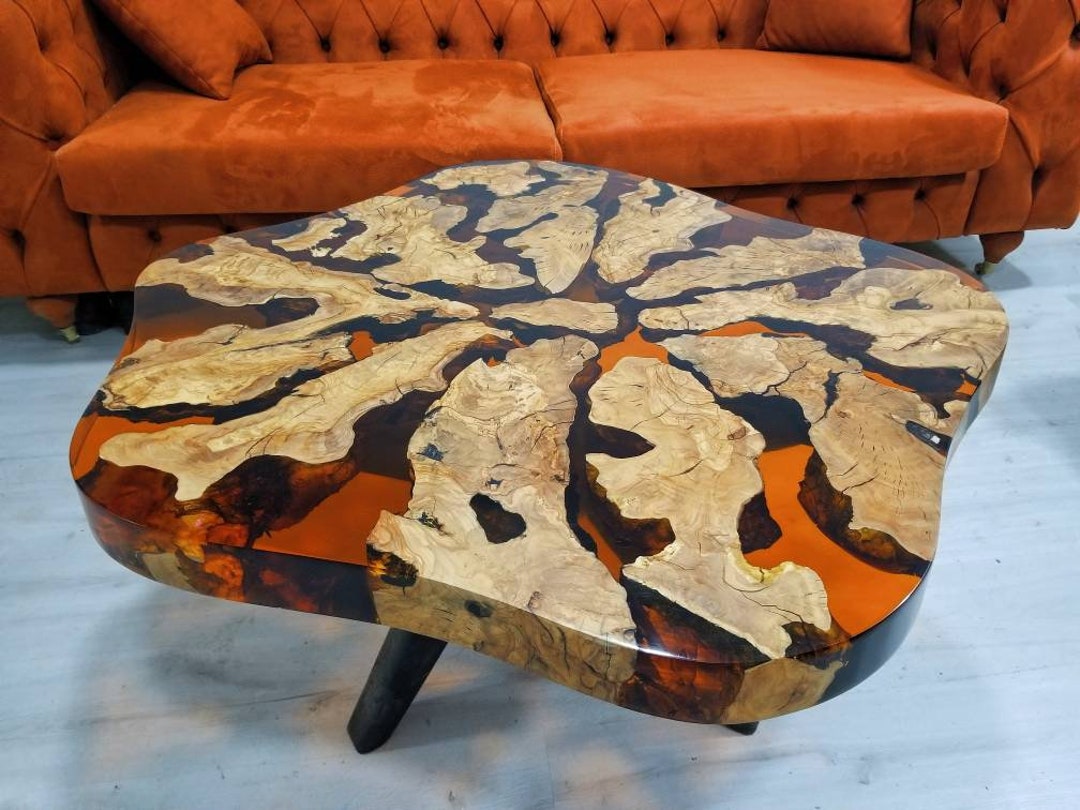 Handmade Olive Wood Epoxy Coffee Table: Orange Resin River Design - Etsy