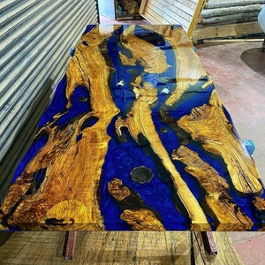 Wavy Blue Epoxy Olive Wood Dining Table - Traditional Coffee Cup Design ...